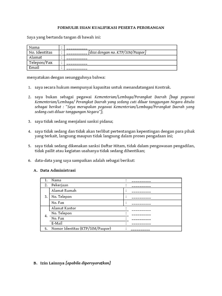 Formulir Isian Kualifikasi Peserta Perorangan | PDF