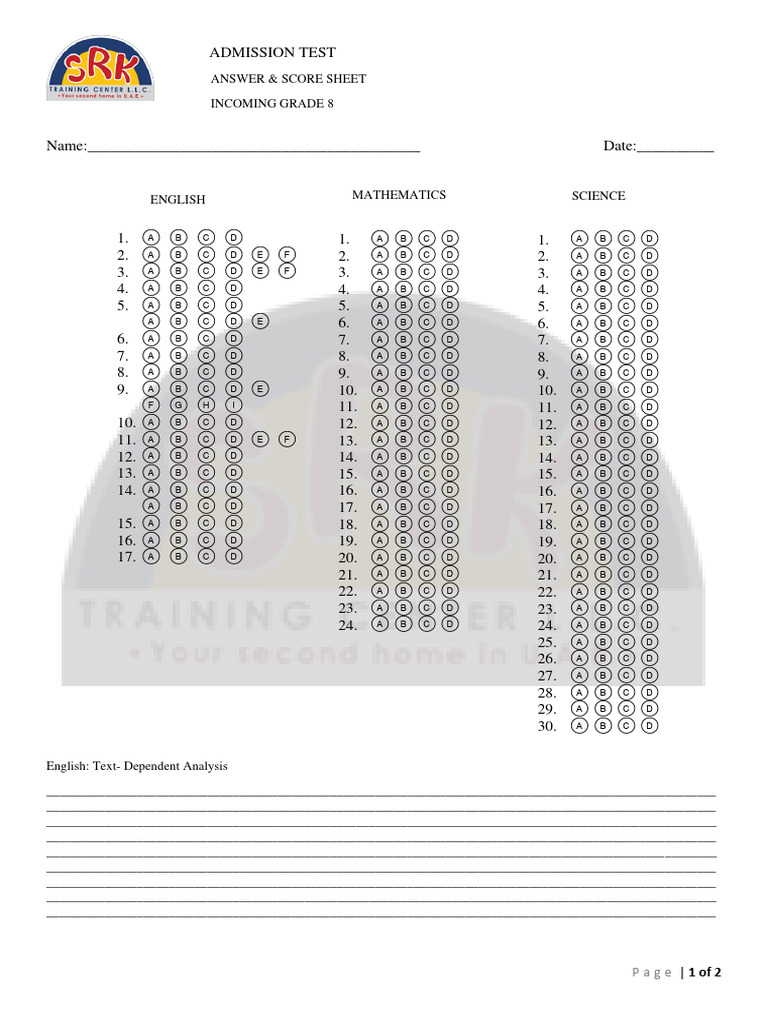 Answer Sheet INC G 8 | PDF | Science