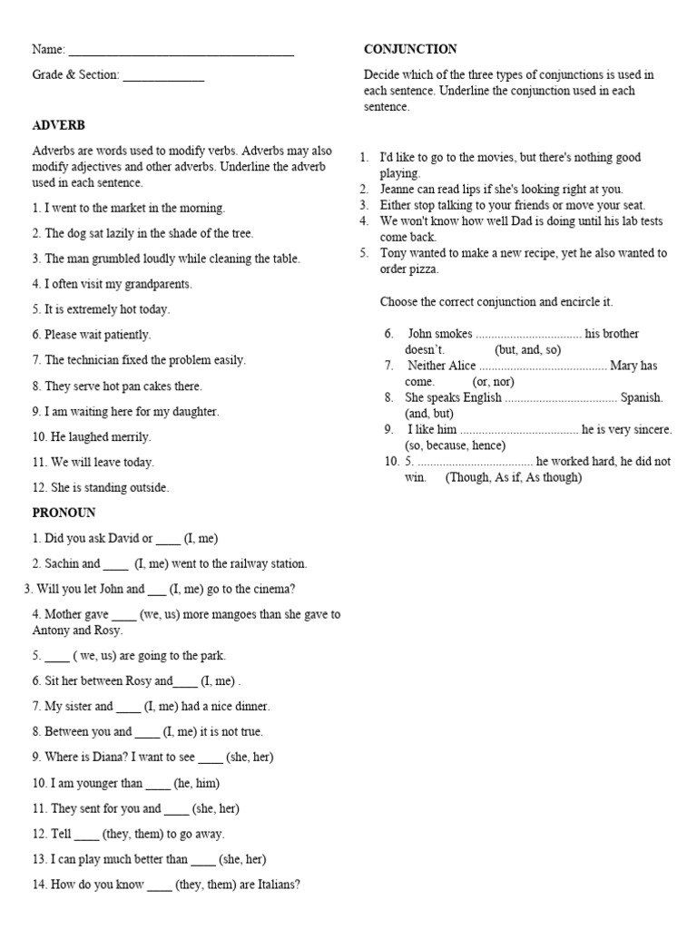 Adverb, Pronoun & Conjunction | PDF | Adverb | Semantic Units