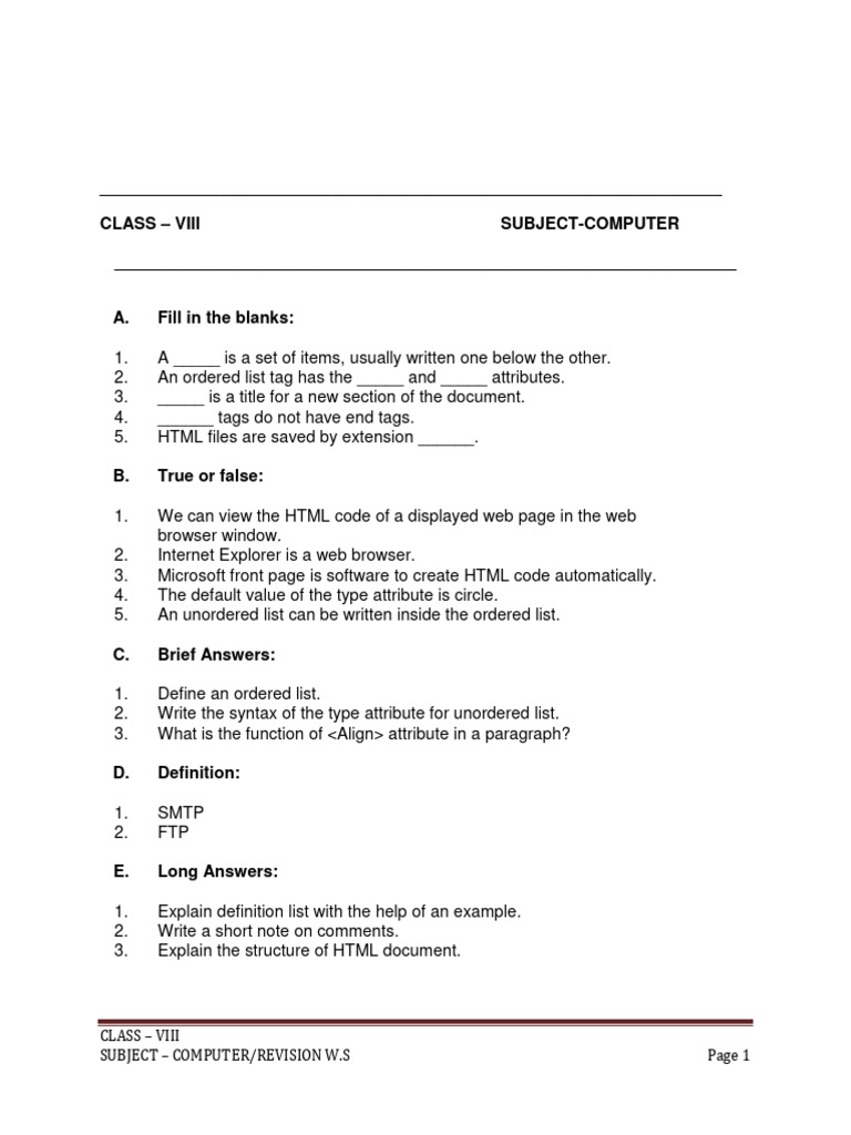 Cbse Class 8 Computer Science Worksheet Revision 4 2 Pdf 