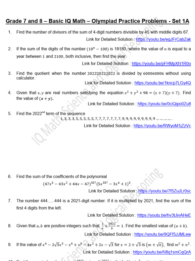 Grade 7 and 8 - Basic IQ Math Practice Problems Set 1A pdf | PDF | Numbers | Polynomial