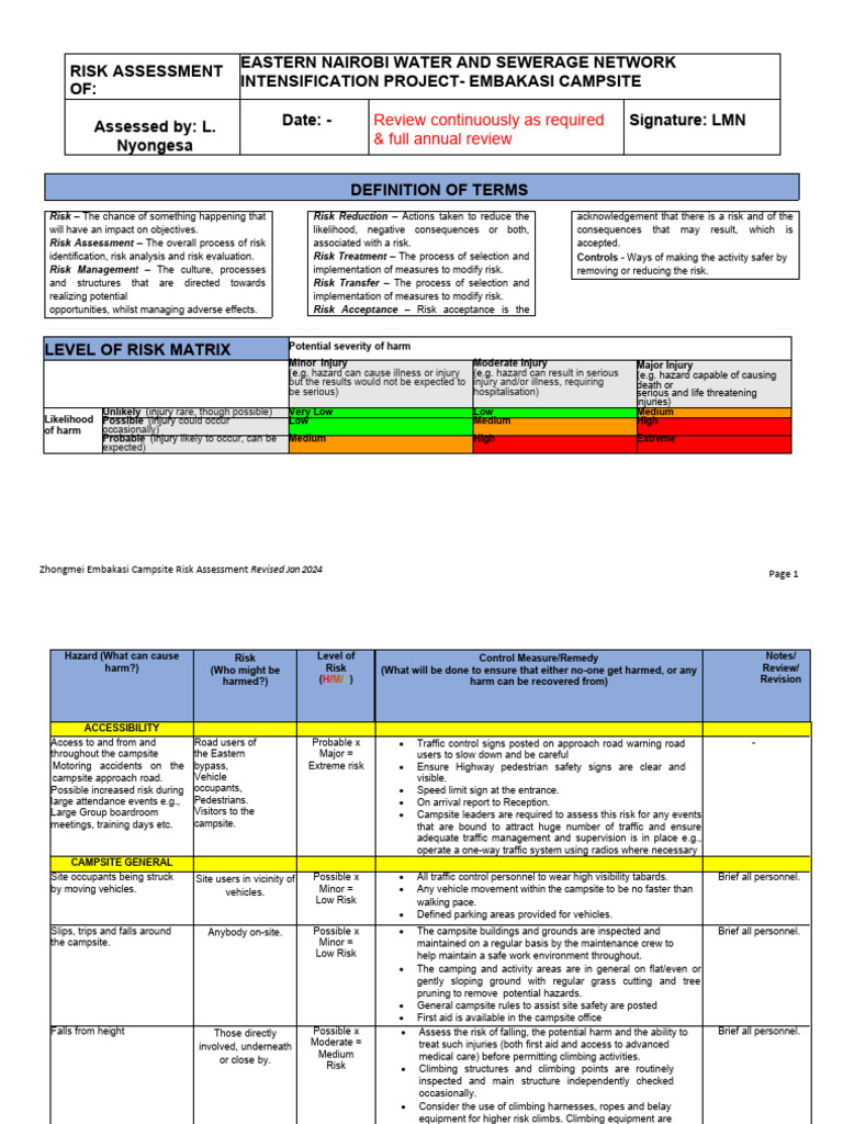 Risk Assessment Campsite | PDF | Kitchen | Risk