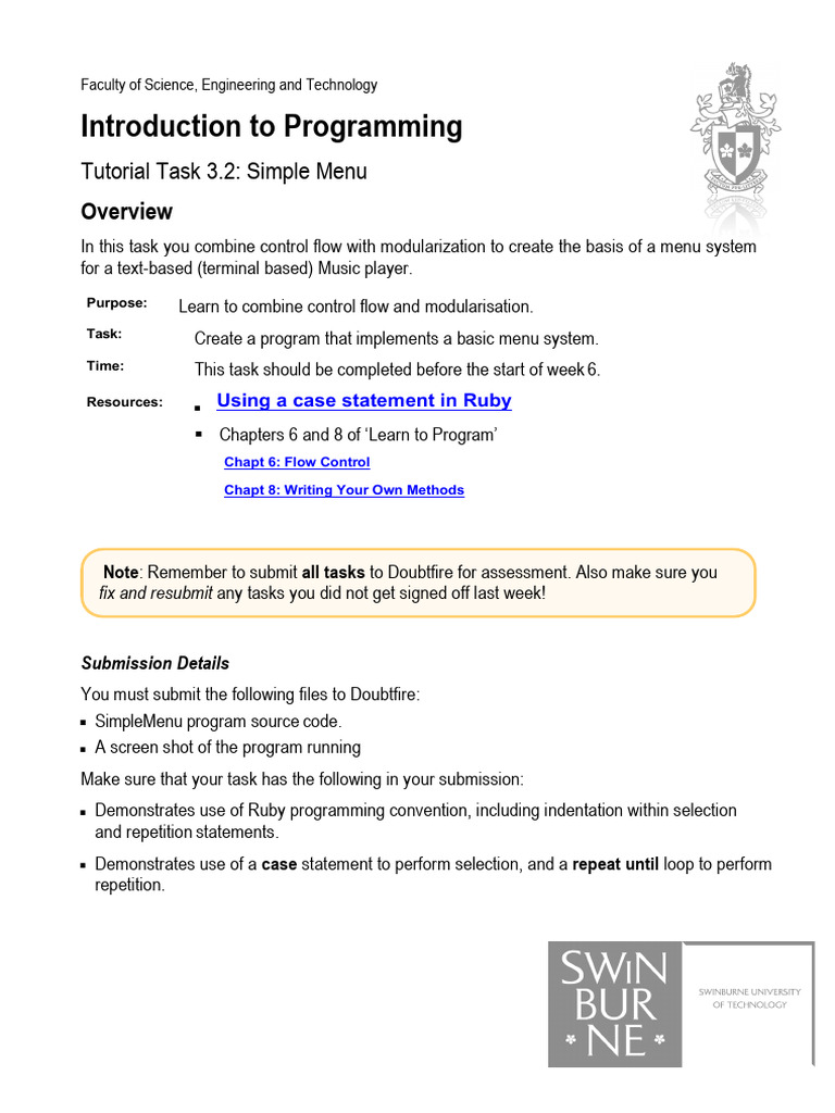 Introduction To Programming: Tutorial Task 3.2: Simple Menu | PDF | Control Flow | Computer Program