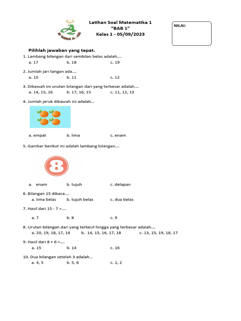 Latihan Soal Matematika Kelas 1 | PDF