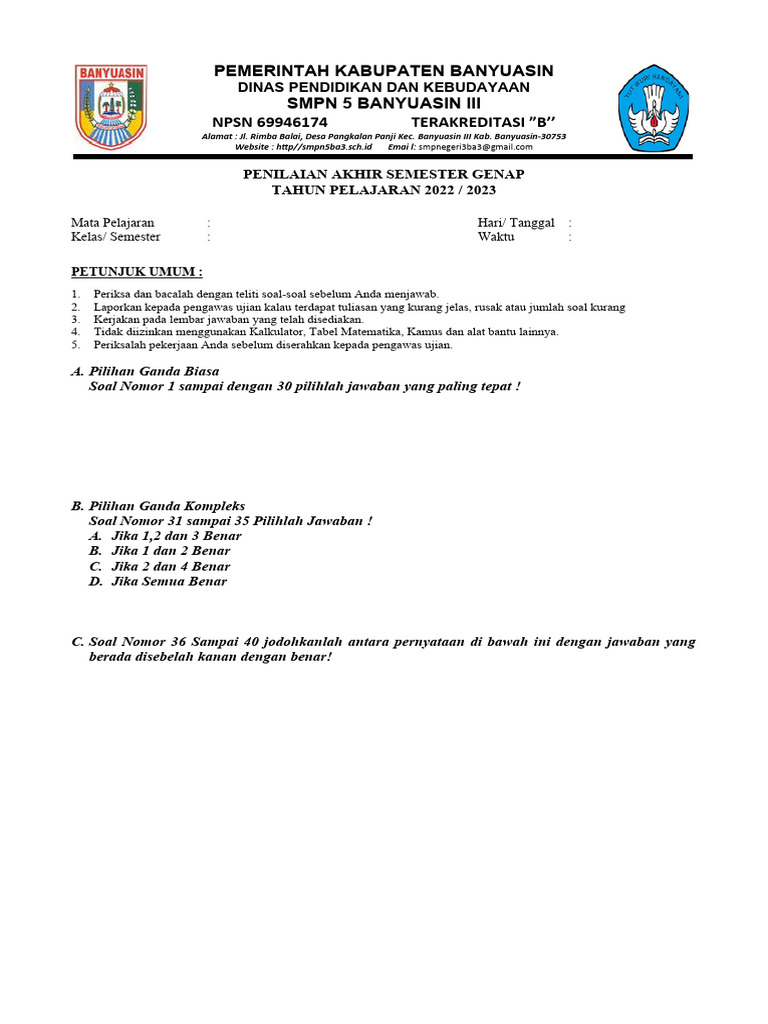 Kop Soal Pas Genap 2023 | PDF