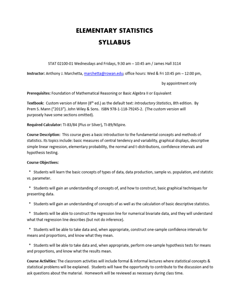 Elementary Statistics Syllabus | PDF | Normal Distribution | Probability Distribution