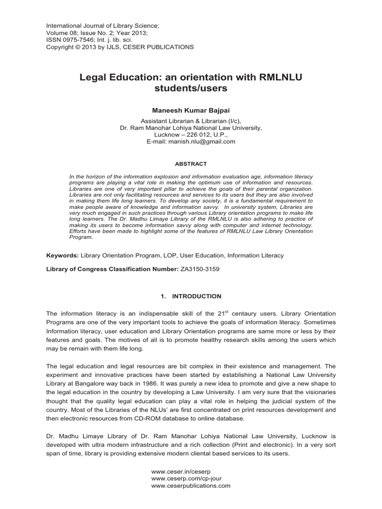 Legal Education: An Orientation With RMLNLU Students/users | PDF ...