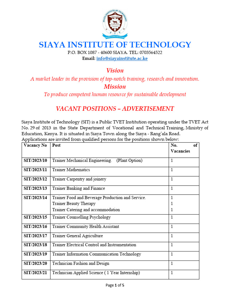 Siaya Institute Job Openings 2024 | PDF | Academic Degree | Engineering