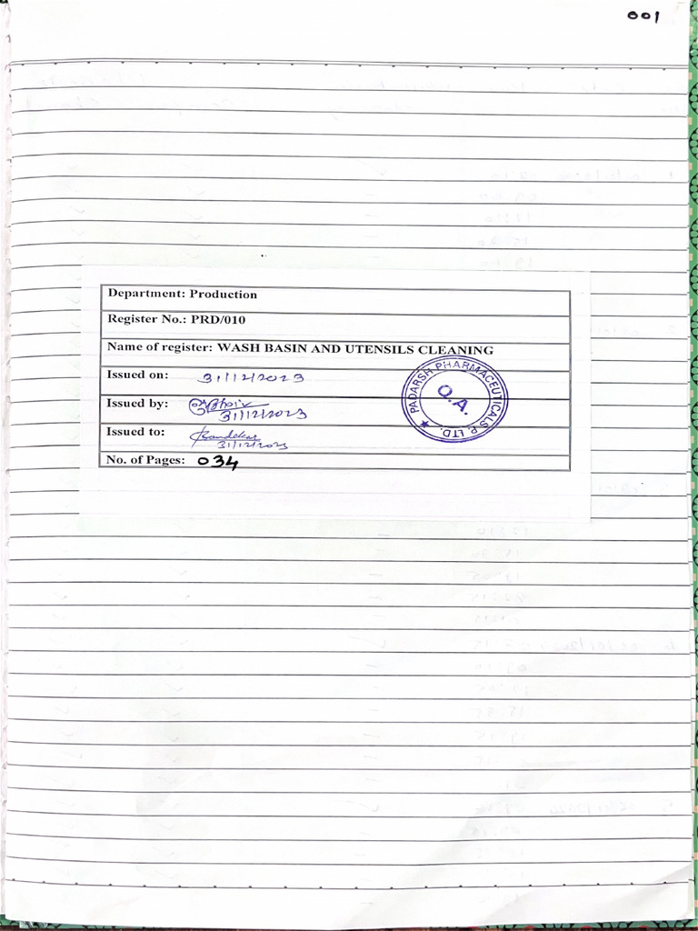 Wash Basin and Utensils Cleaning Register | PDF