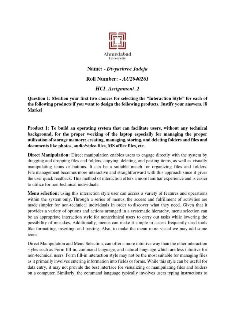 HCI Assignment 2 Divyashree Jadeja AU2040261 PDF | PDF | Cognitive Development | Thought