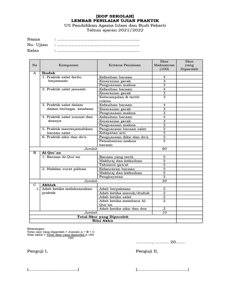 Format Penilaian Ujian Praktik PAI SMA Dan SMK | PDF