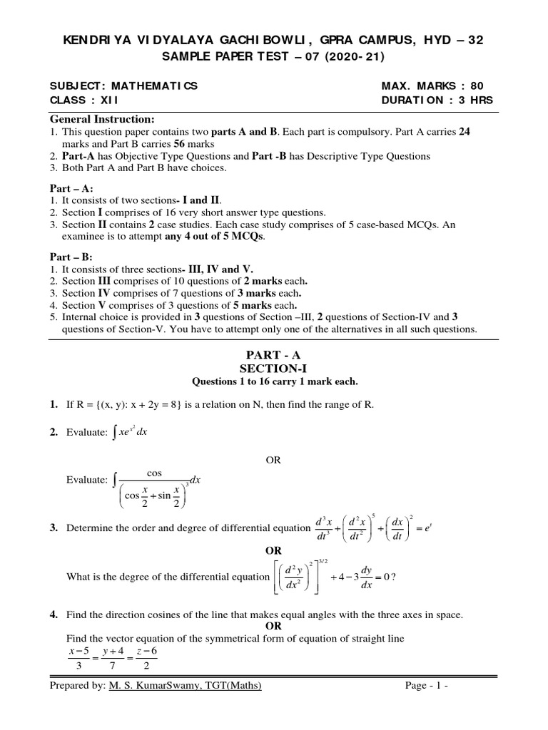 Class XII Mathematics Sample Paper 2020-21 | PDF | Equations | Area