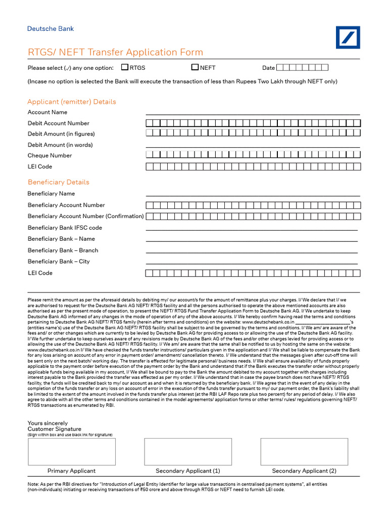 Form Centre Showcase RTGS NEFT Transfer Application Form | PDF