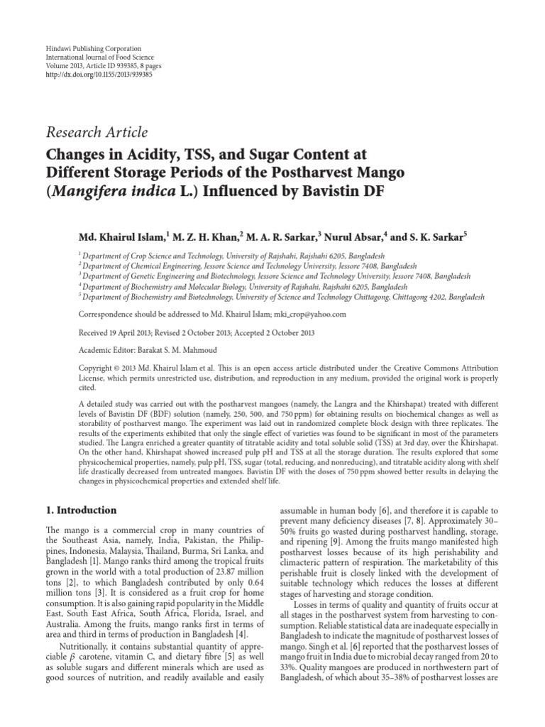 Changes in Acidity TSS and Sugar Content at Differ | PDF | Mango ...