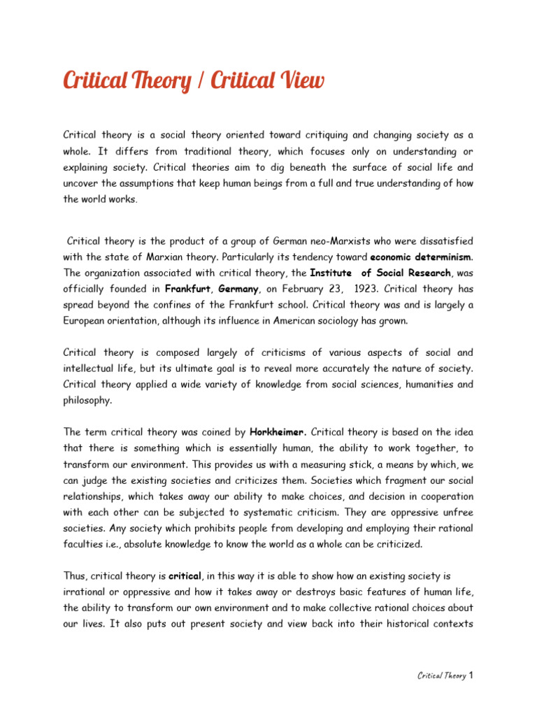 Critical Theory | PDF | Frankfurt School | Critical Theory