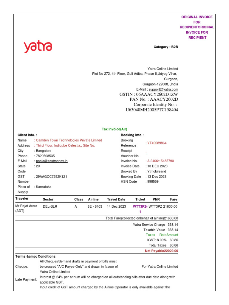 Flight Ticket Invoice for B2B Booking | PDF | Invoice | Cheque