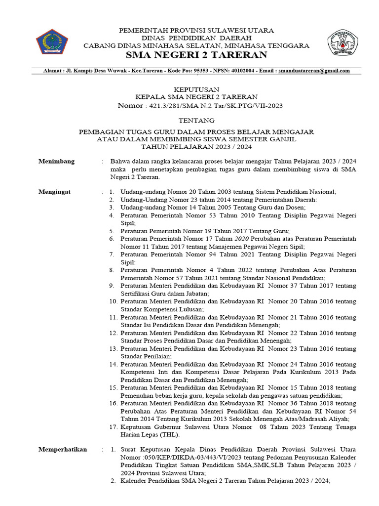 Pembagian Tugas Guru Semester Ganjil T. P. 2023 - 2024 | PDF