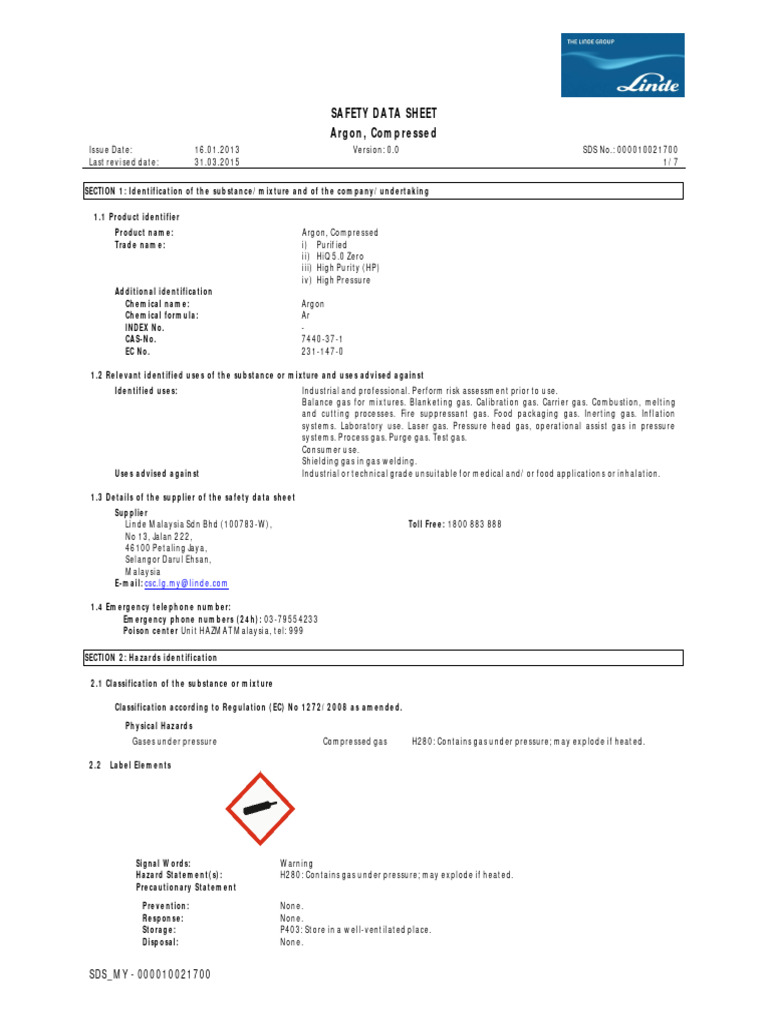 Argon Compressed Eng415 166175 | PDF | Firefighting | Toxicity
