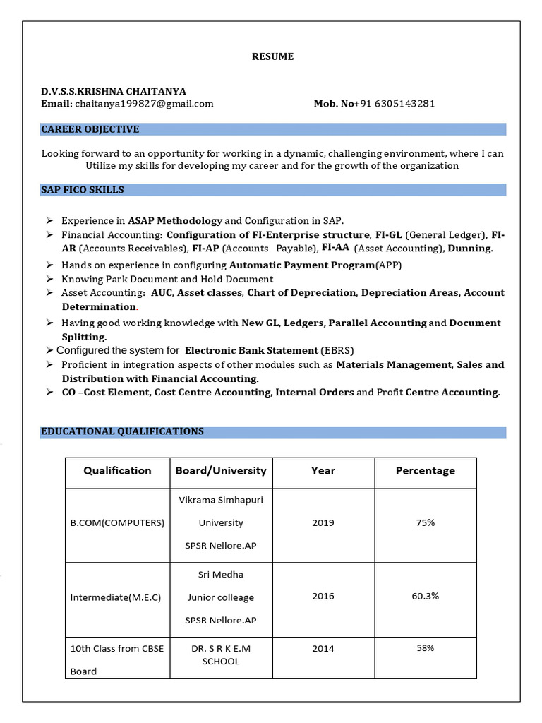 Sap Fresher RESUME | PDF | Service Industries | Business Economics