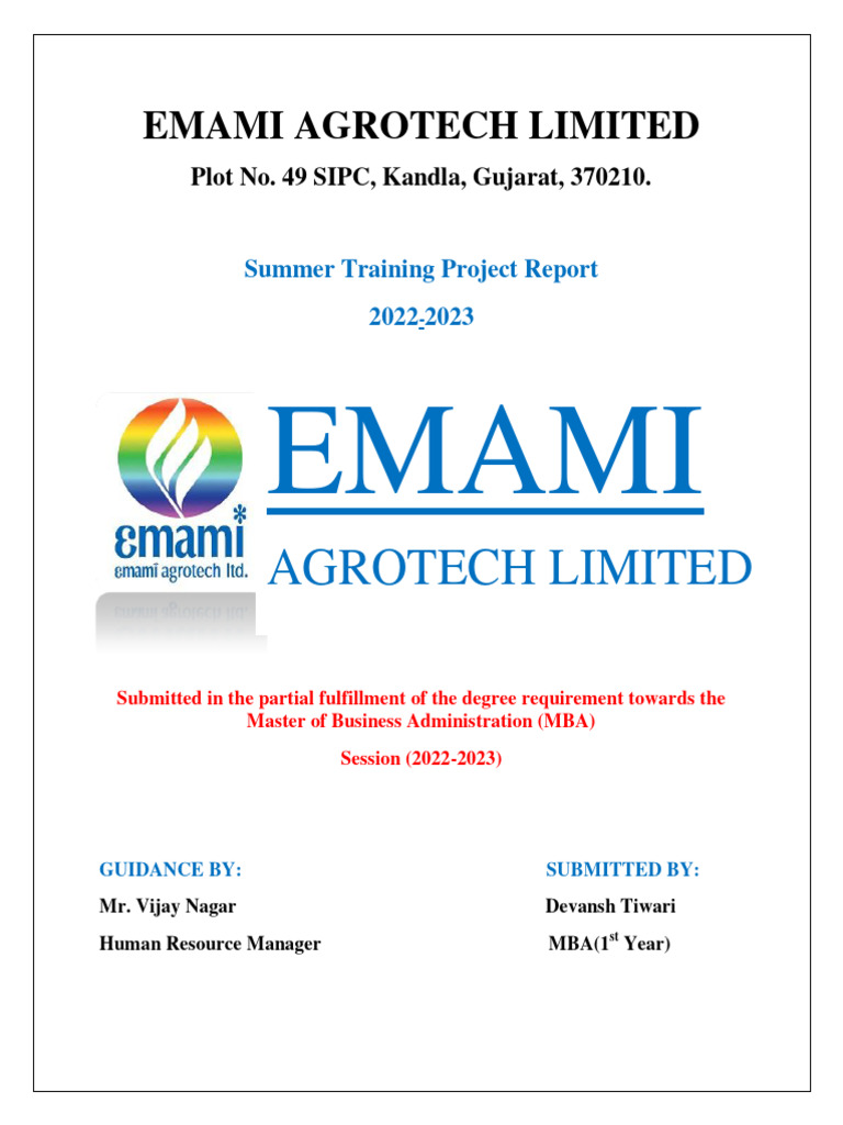 Devansh Tiwari Emami Agrotech Ltd. HR Internship Report 2023 | PDF | Employment | Human Resources
