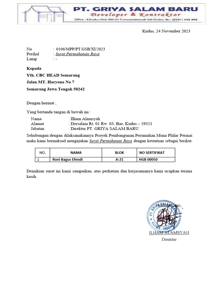 Surat Permohonan Roya A21 | PDF