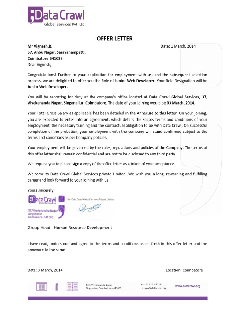 Vignesh Offer Letter | PDF | Employment | Background Check Vignesh Offer Letter | PDF | Employment | Background Check