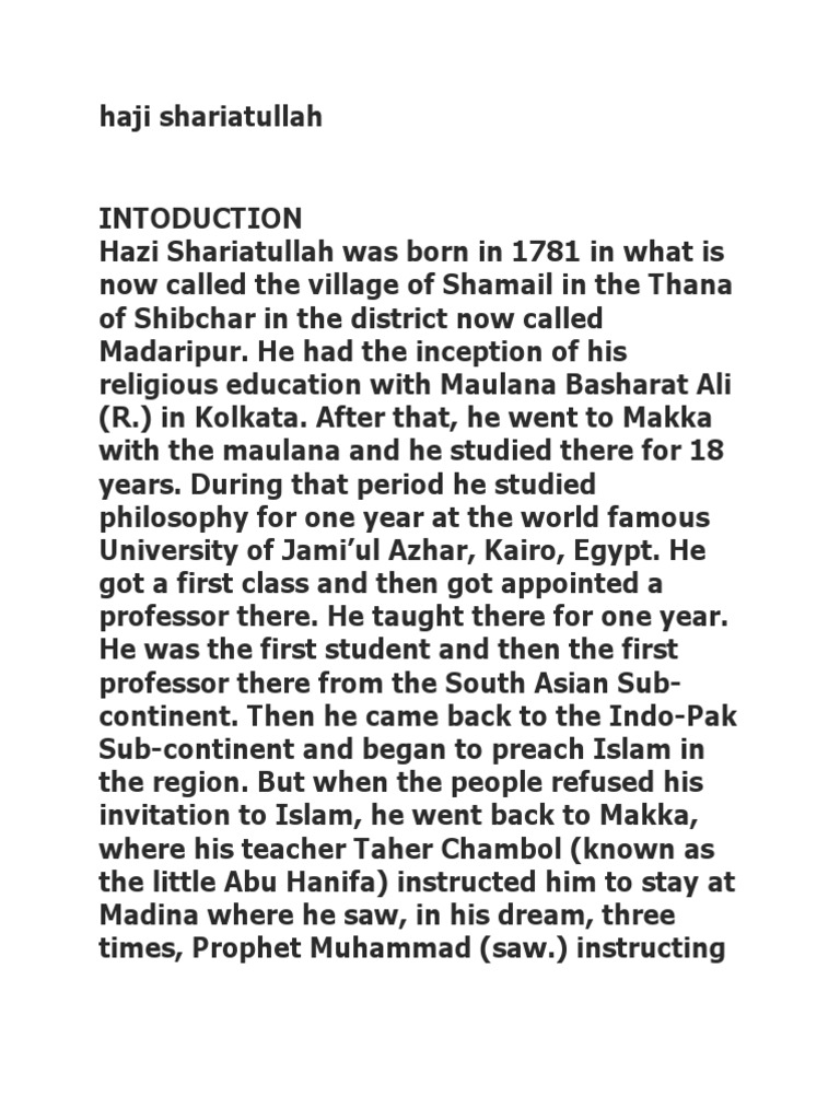 Haji Shariatullah | PDF | South Asia | Monotheistic Religions