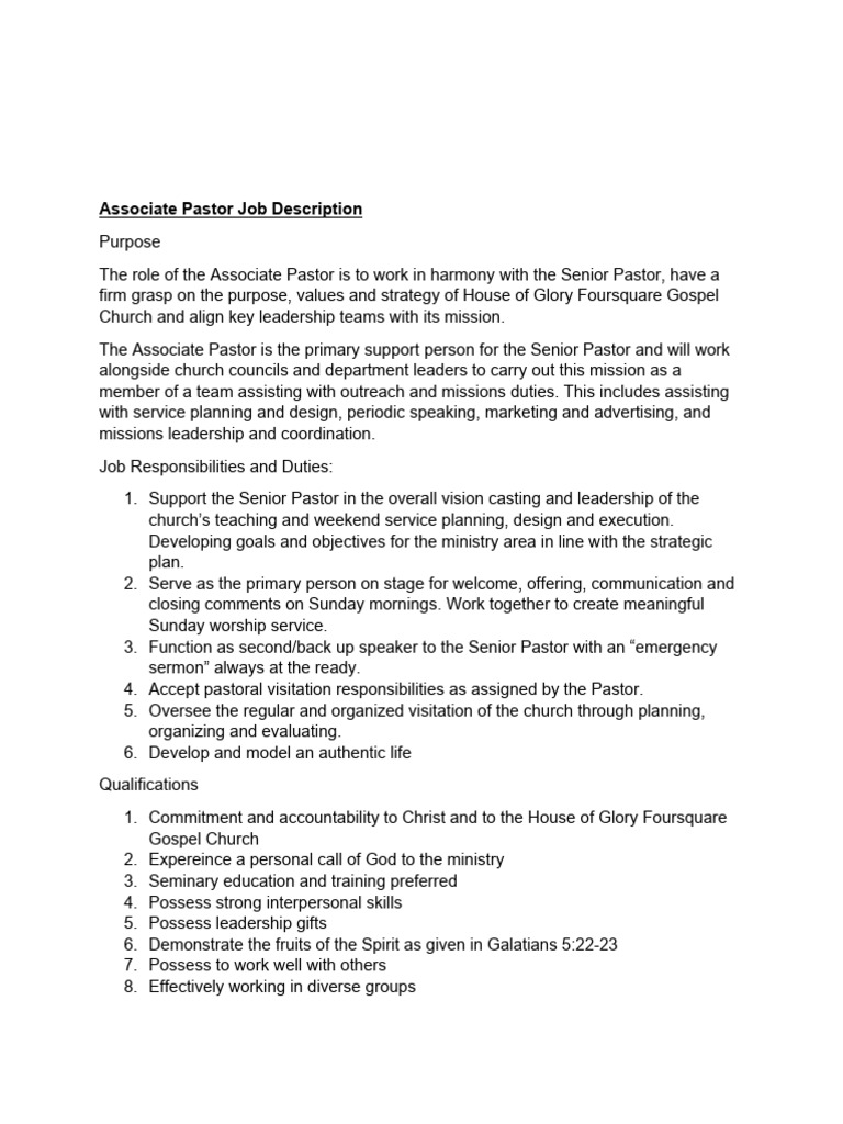 Church Job Description | PDF | Prayer | Pastor