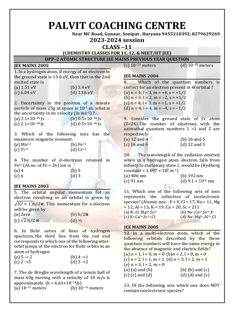 2. ATOMIC STRUCTURE(Jee notes) | PDF | Atomic Orbital | Electron