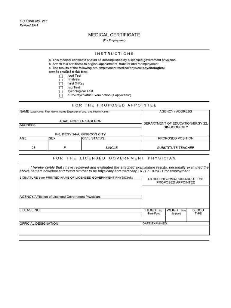 Medical Certificate CS Form No. 211 Revised 2018 | PDF | Medicine ...