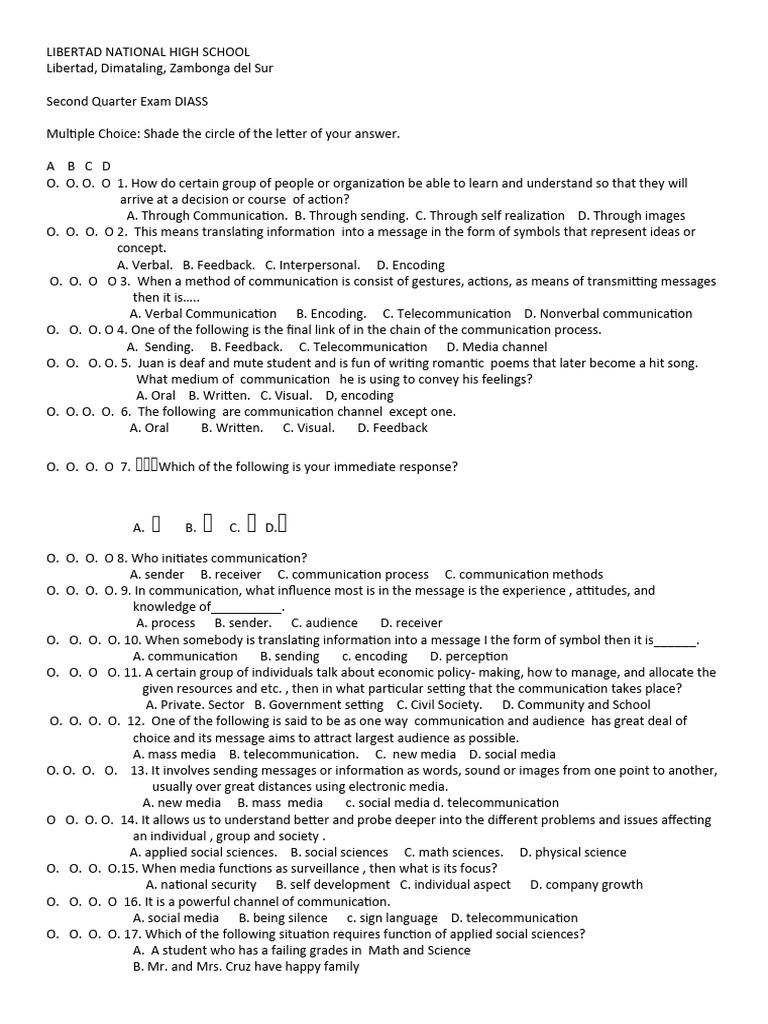 Exam Diass Quarter 2 | PDF | Communication | Science Exam Diass Quarter 2 | PDF | Communication | Science