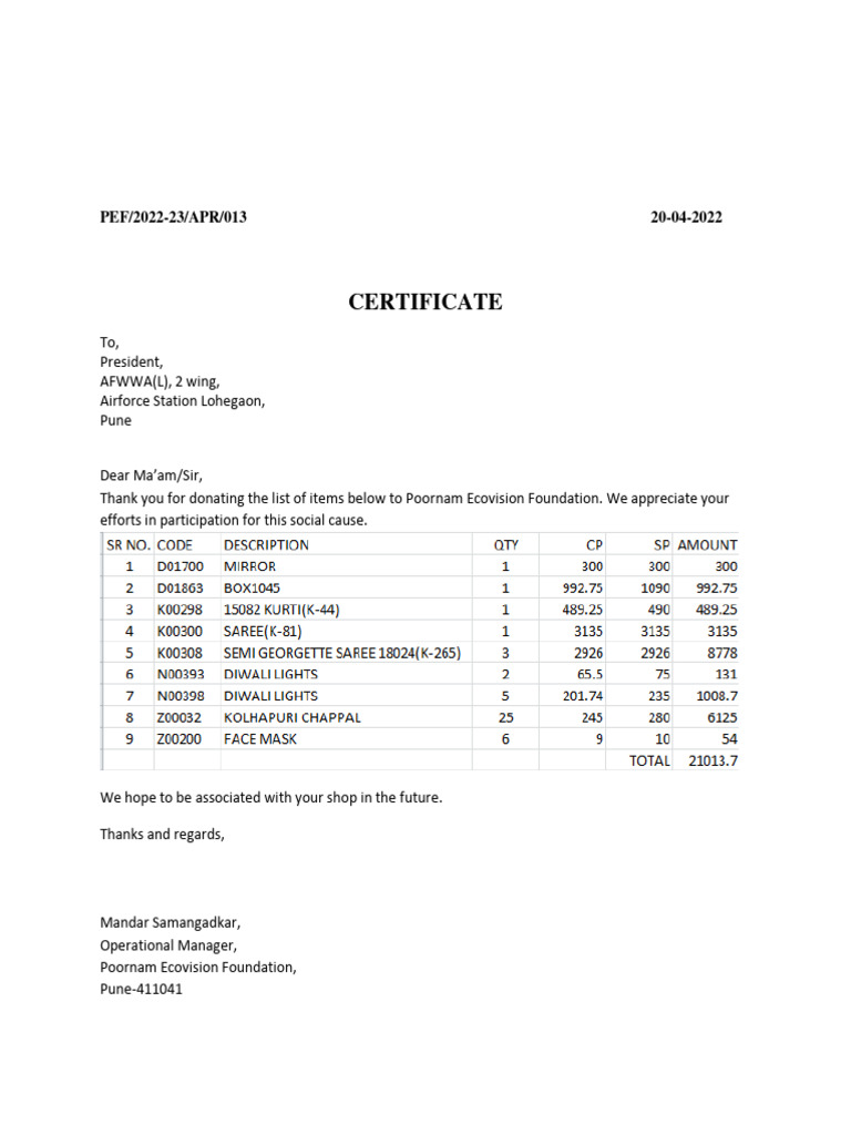 AFWWA Donation Certificate (1) | PDF