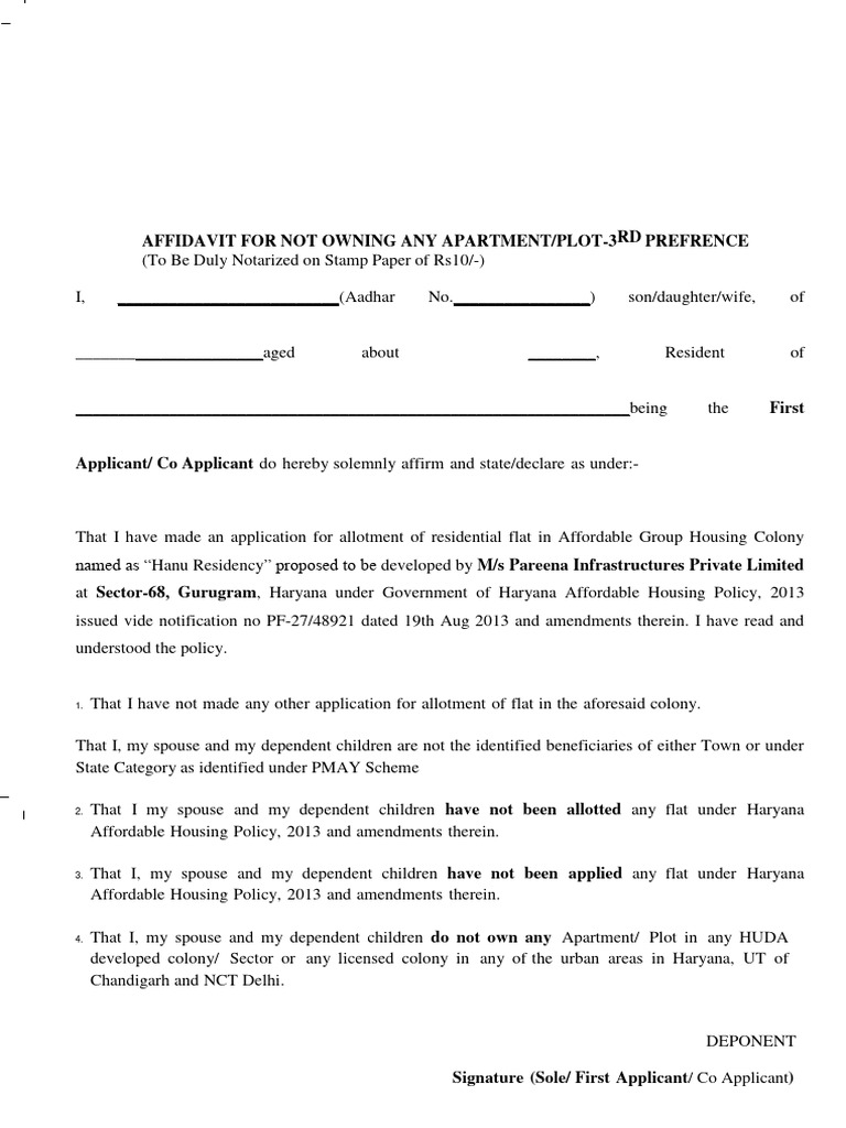 Affidavit For Not Owning Any Apartment Plot-3rd Prefrence | PDF