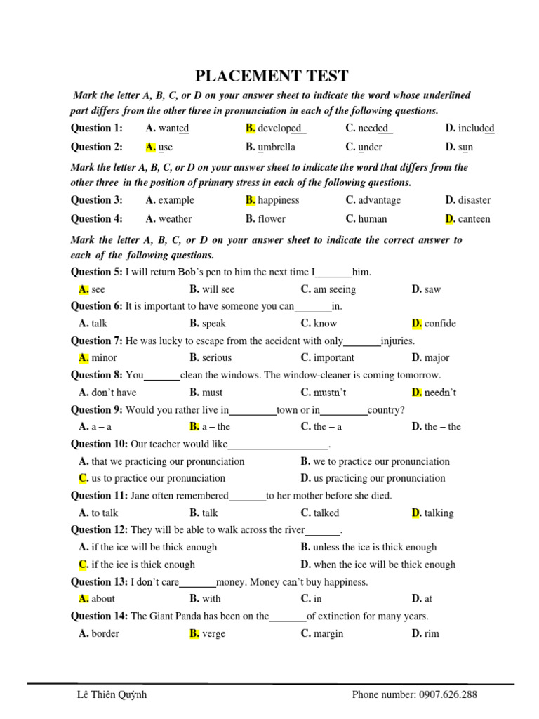 PLACEMENT TEST - Key | Download Free PDF | Scuba Diving | Sugar