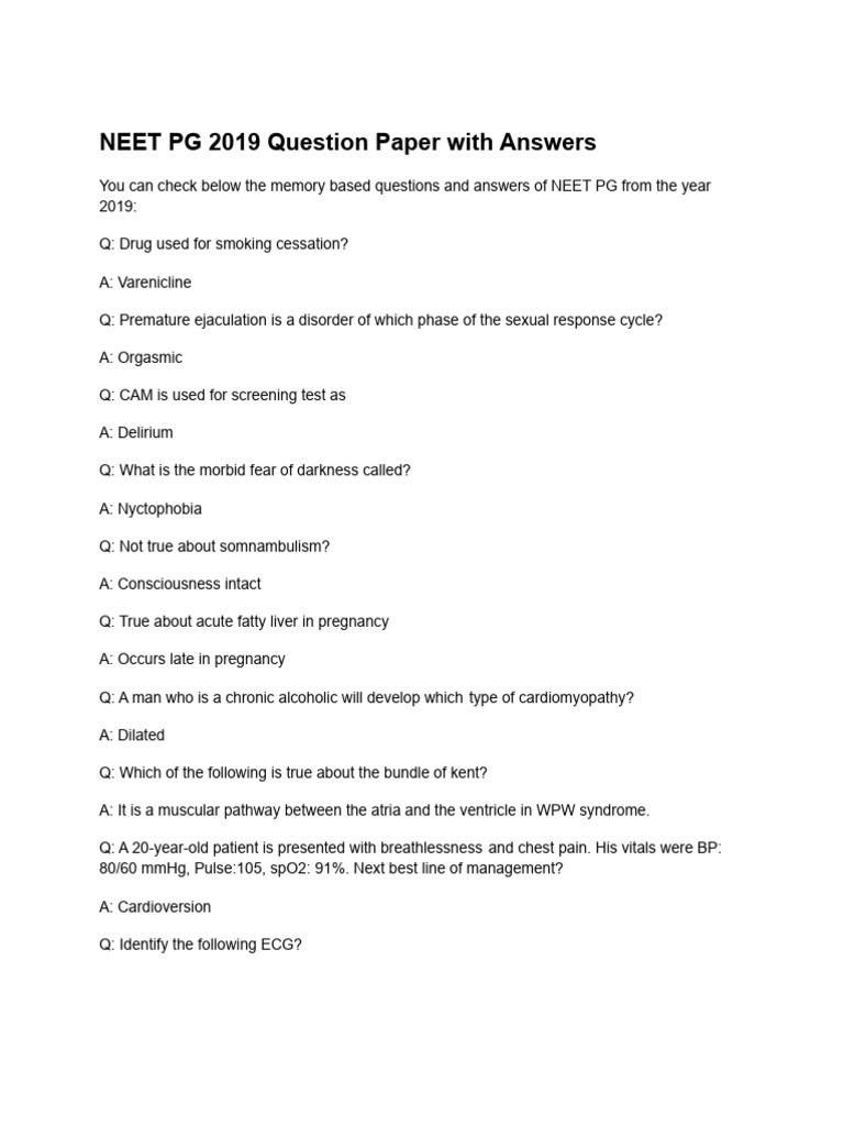 NEET PG 2019 Question Paper With Answers | PDF | Causes Of Death ...