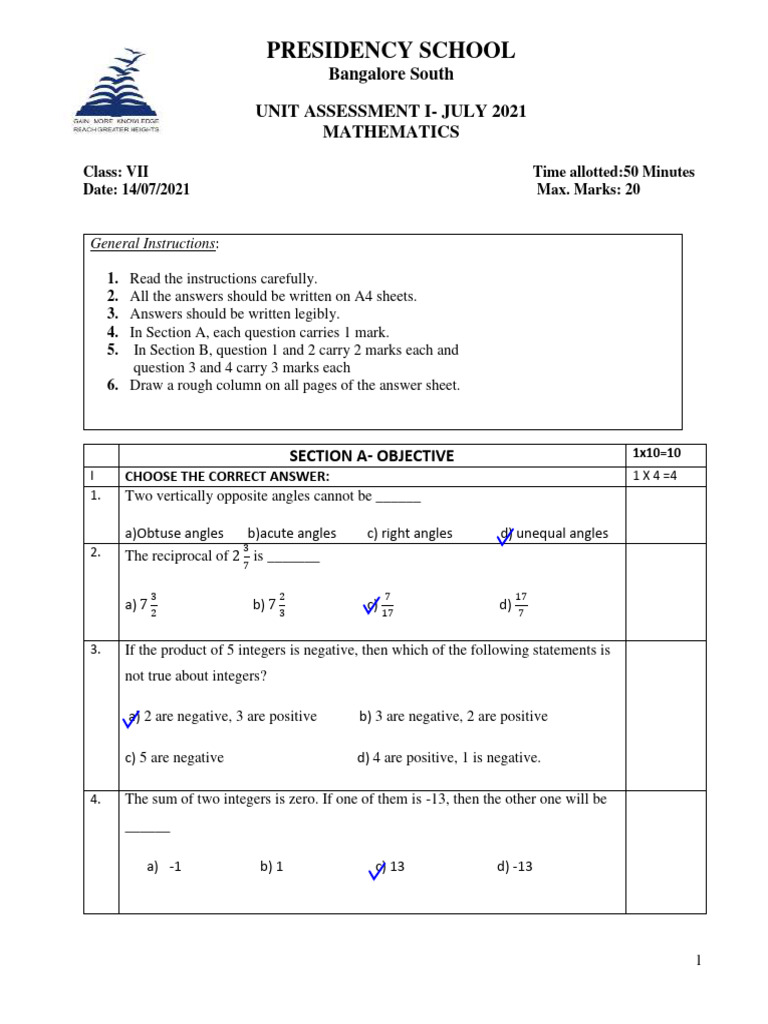 Unit Assesment 1 - Math Paper | Download Free PDF | Mathematics ...