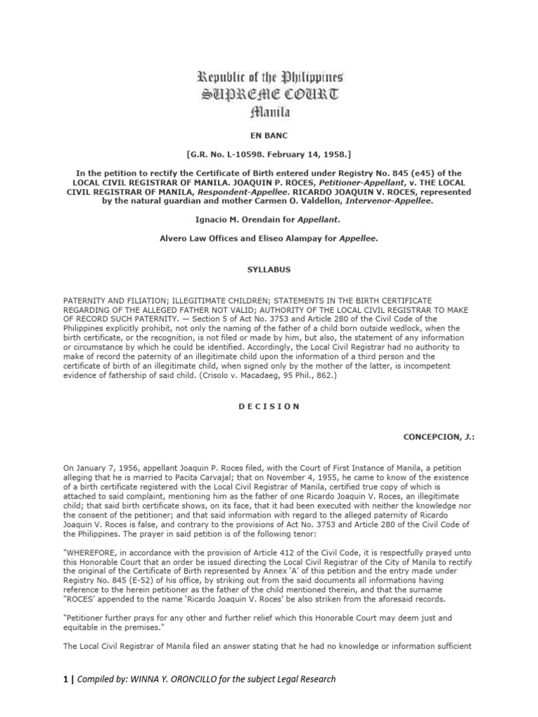 Cases in Legal Research For JD1 | PDF | Birth Certificate | Judgment (Law)