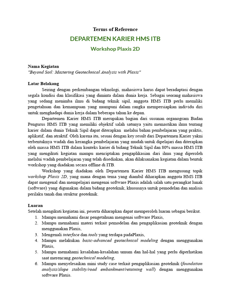TOR Workshop Plaxis HMS ITB 2023 - 2024 | PDF