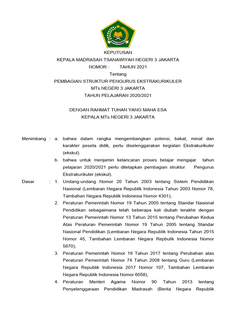Struktur Pengurus Ekskul MTsN 3 Jakarta 2020/2021 | PDF