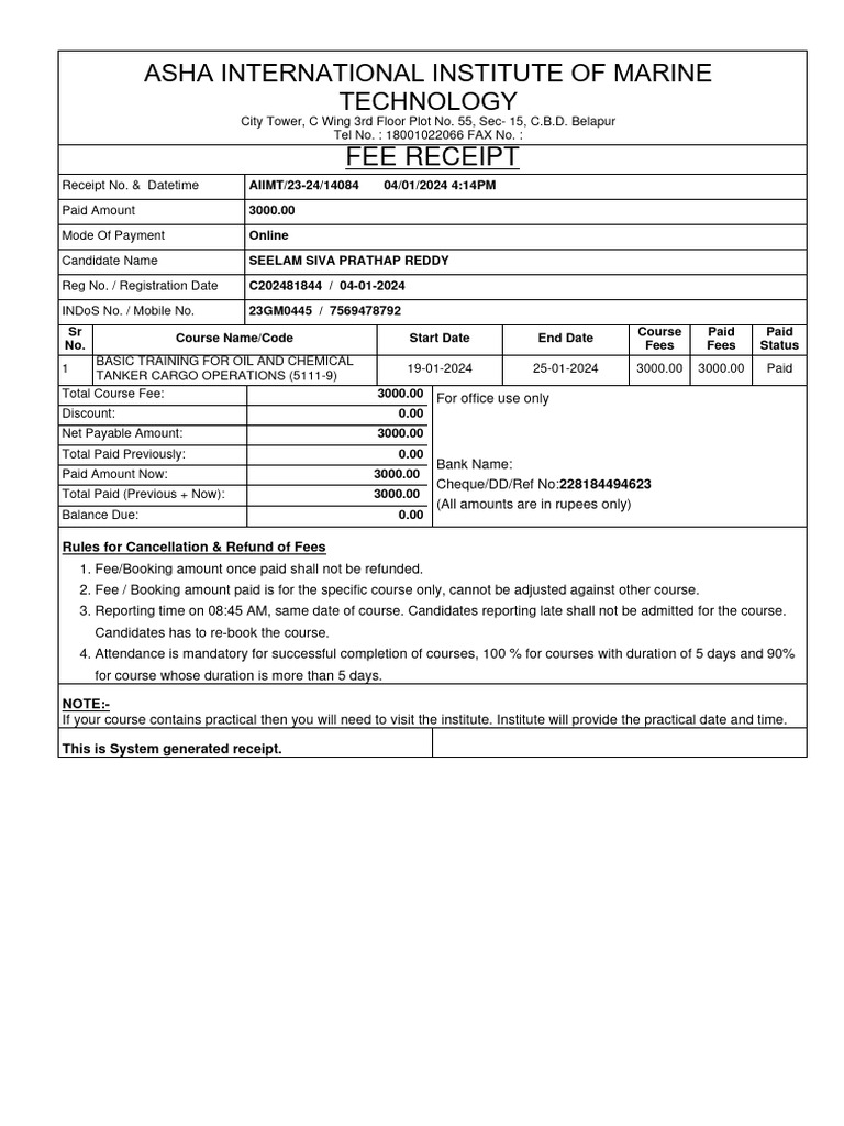 Online Fee Receipt for Marine Course | PDF | Economies | Financial Services