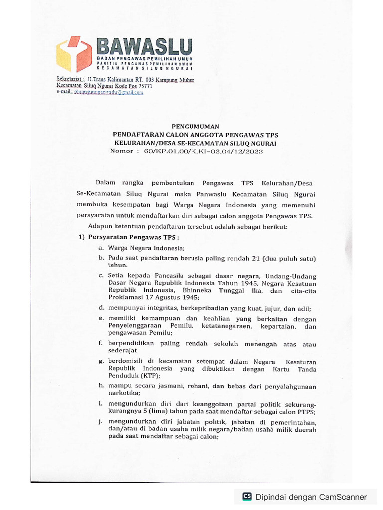 Pengumuman Rekruitmen PTPS | PDF