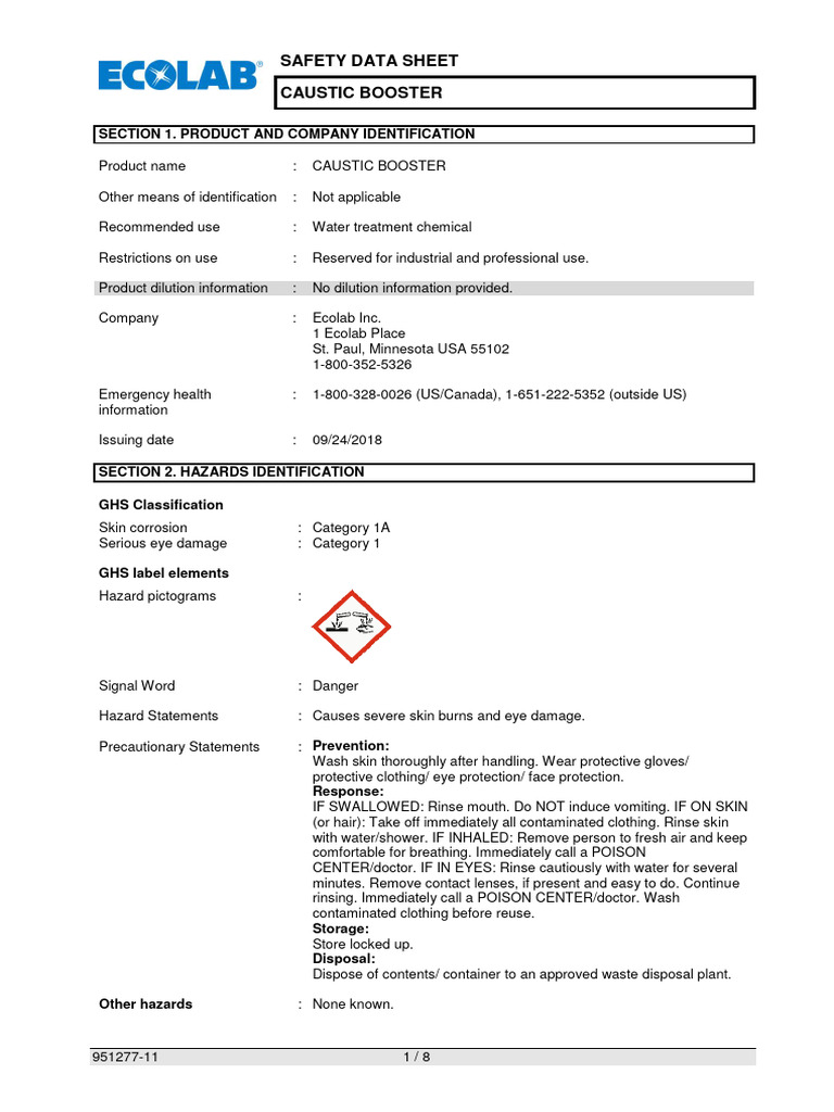 Ecolab Alkali Booster | PDF | Personal Protective Equipment | Toxicity