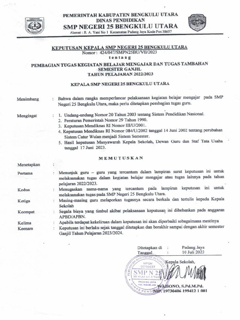 SK Pembagian Tugas Ganjil 2022-2023 | PDF