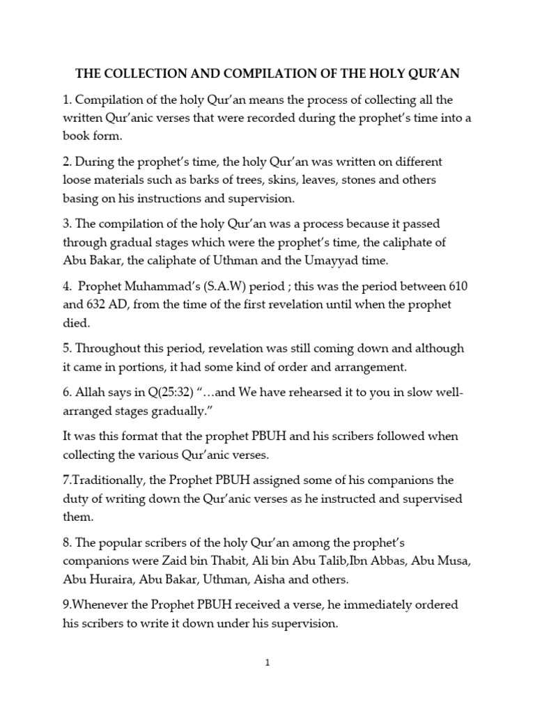 s.5 Ire1 Notes The Collection and Compilation of The Holy Qur'An | PDF ...