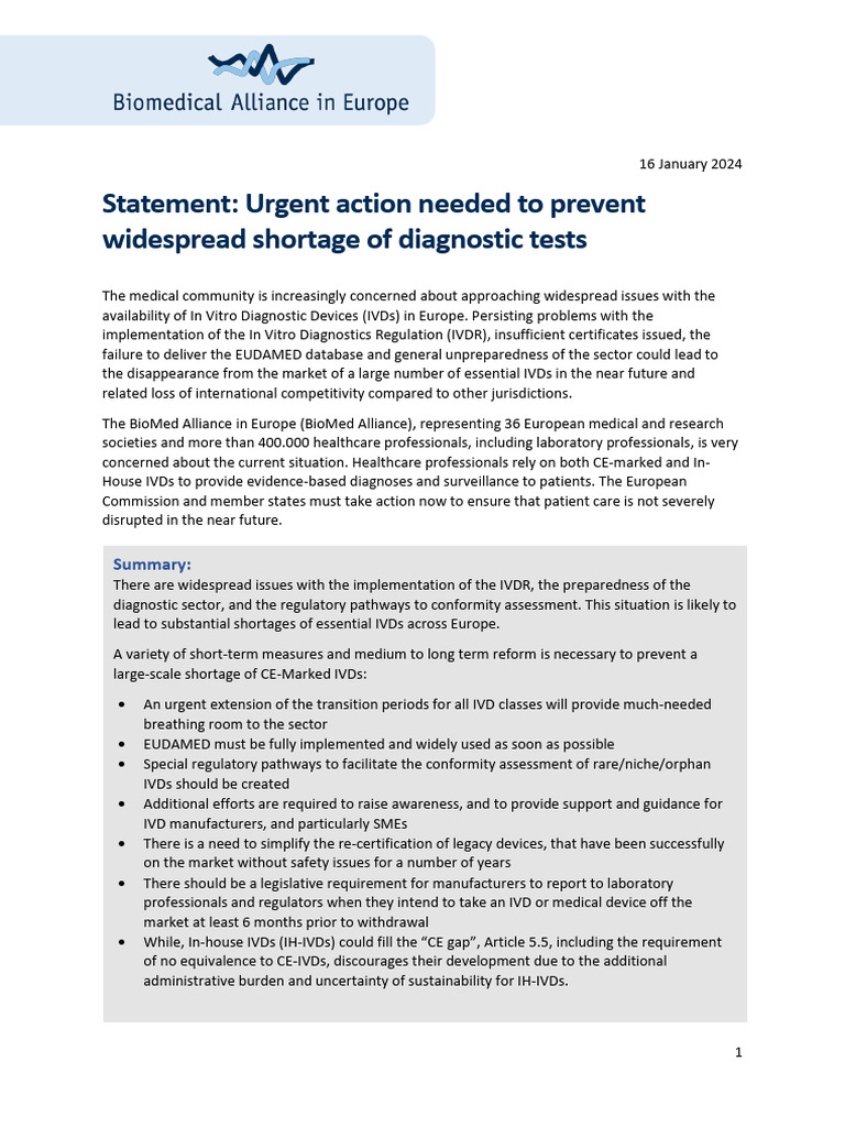 Statement Prevention Shortage IVDs Final 16-01 | PDF | Medical Device ...