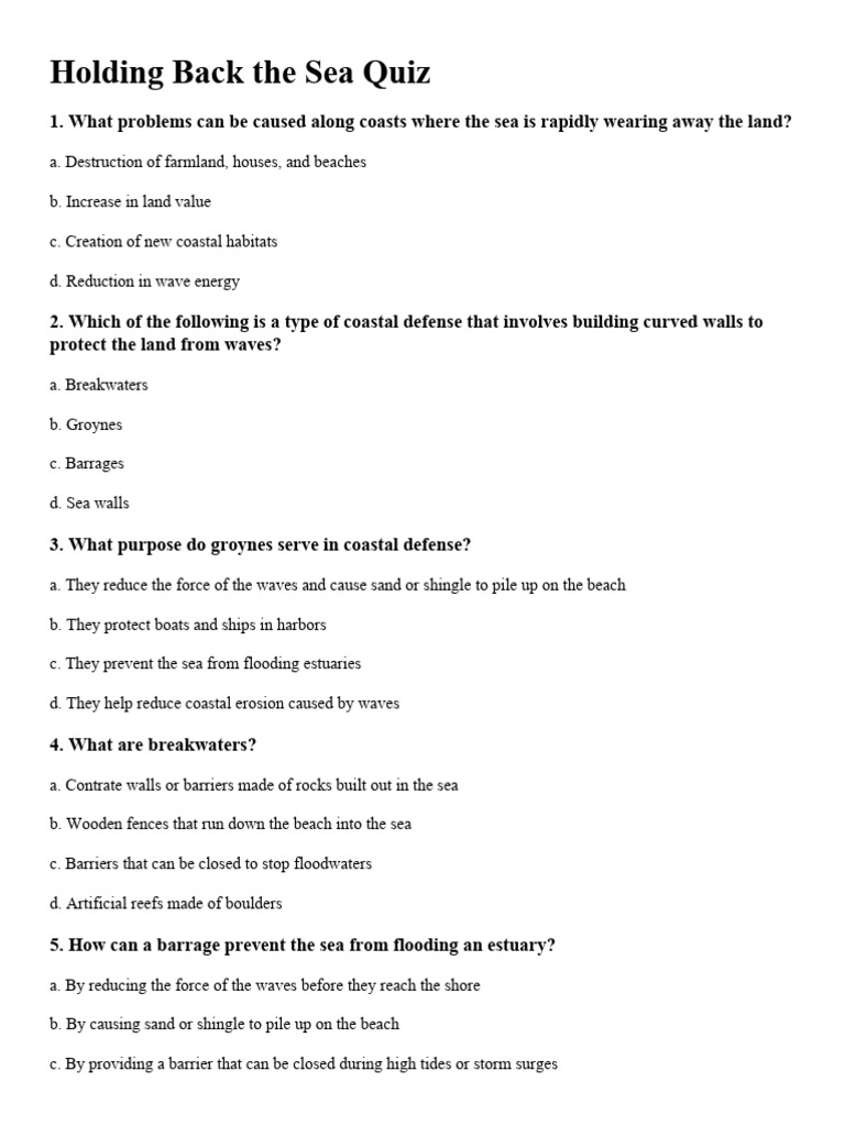 Holding Back The Sea Quiz | PDF | Beach | Coast