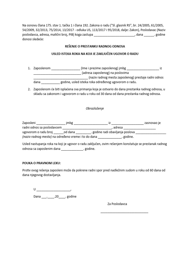 Resenje Uz Tekst Otkaz Zbog Isteka Ugovora | PDF