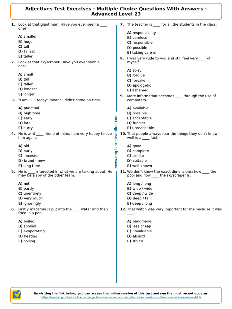 522 - Adjectives Test Exercises Multiple Choice Questions With Answers ...