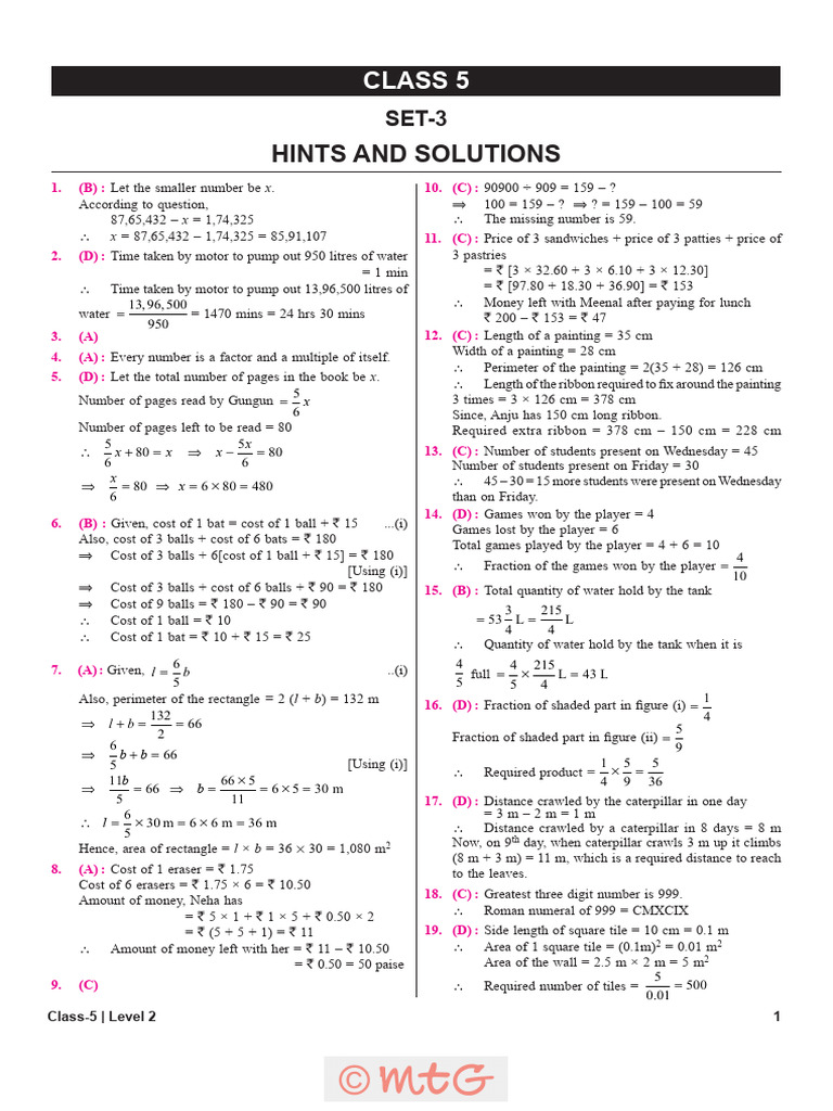 Imo Level2 Solution Class 5 Set 3 | PDF