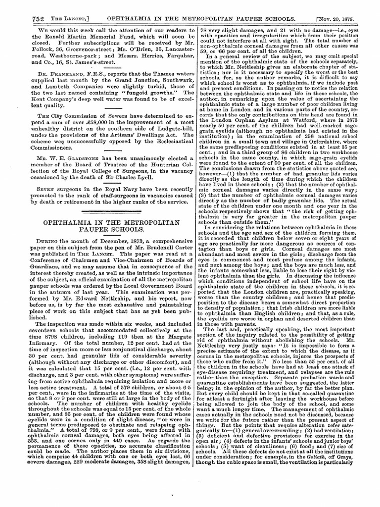Ophthalmia in The Metropolitan Pauper Schools 1875 | PDF